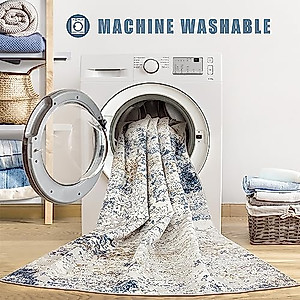 Area Rug Living Room Rugs - 5x7 Abstract Large Soft Indoor Washable Rug Neutral Modern Low Pile Carpet for Bedroom Dining Room Farmhouse Home Office - Beige Blue