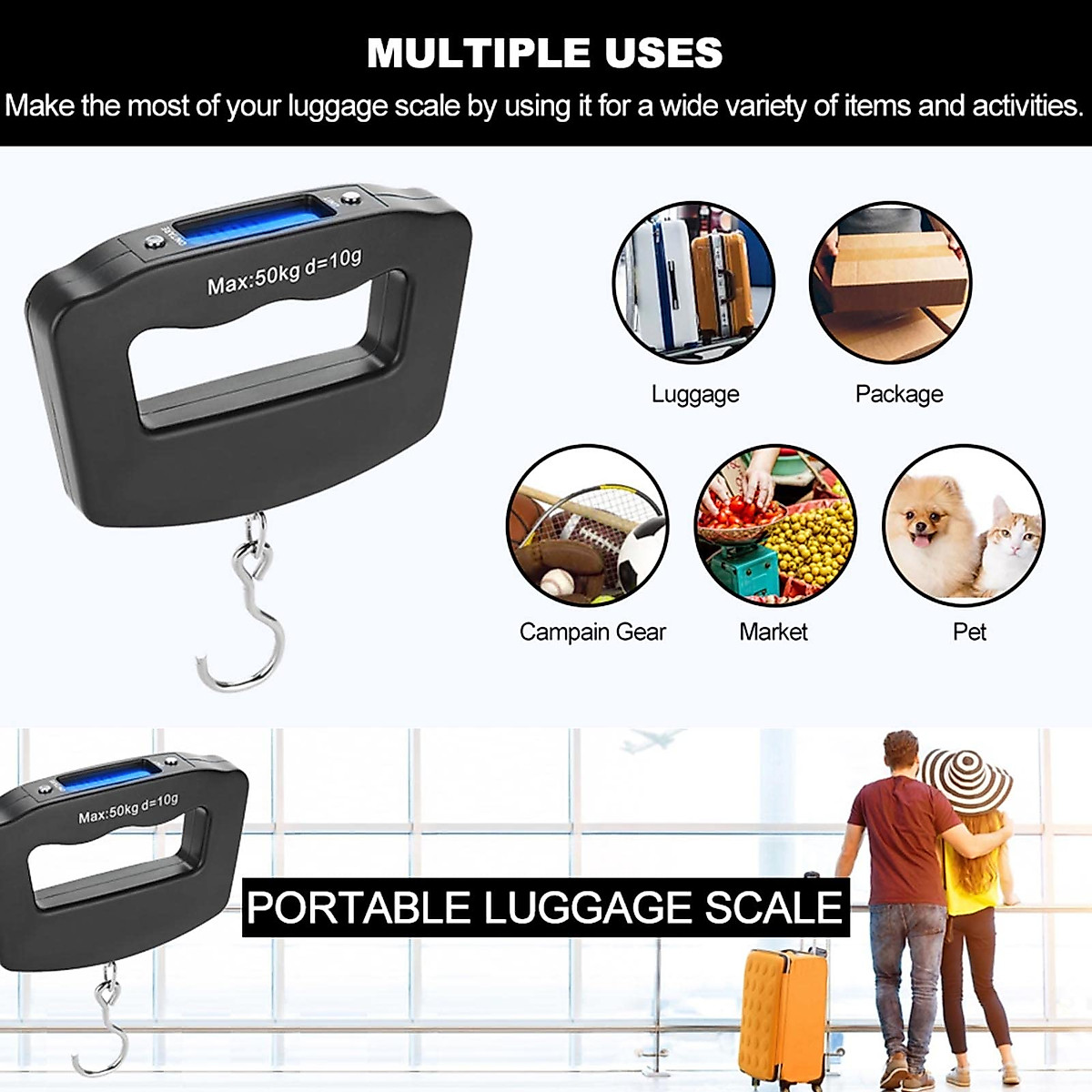 50kg/10g Portable Luggage Scale Digital Mini Fish Hook Hanging Scale Electronic Weight Scale for Travel Household Outdoor Weighing