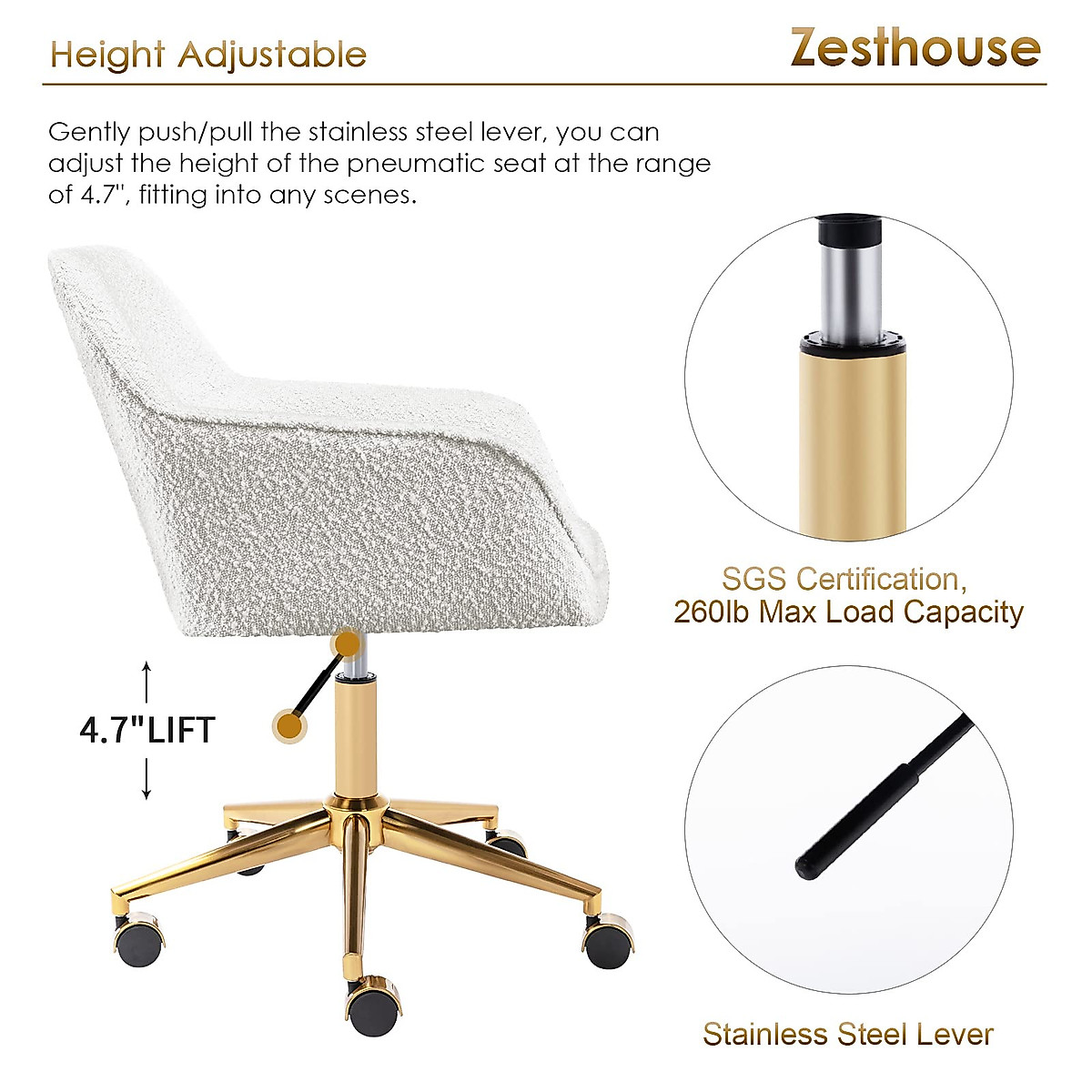 Zesthouse Modern Desk Chair with Wheels, White Swivel Vanity Chair for Girls Women, Upholstered Home Office Chair Boucle Armchair for Bedroom, Height Adjustable Computer Task Chair, Gold Base