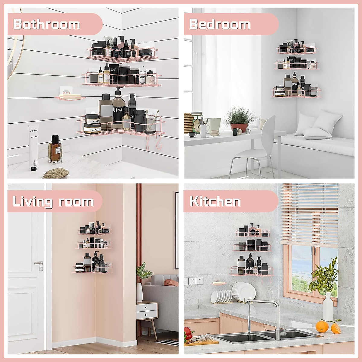 Corner Shower Caddy,4-Pack Adhesive Shower Organizer with Soap Holder,No Drilling Shower Shelves Stainless Steel Rustproof Shower Rack for Bathroom, Kitchen Storage,Pink