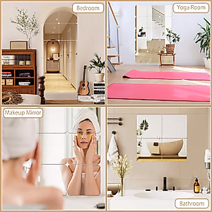 JUNEBRUSHS 4 Pack Self Adhesive Acrylic Mirror, 8 x 8 Inch Mirror Tiles,Flexible Plastic Mirror Sheets Wall Stickers,2MM Thick Mirror,Frameless Small Mirror