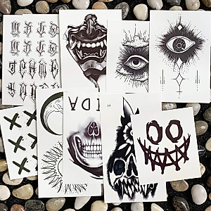 Oottati Waterproof 9 Sheets Back of Hand Fake Temporary Tattoo Stickers - Black Halloween Skull Horror Eye Devil Sun Moon Totem (Halloween)
