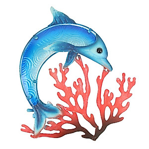HONGLAND Metal Dolphin with Coral Wall Decor Indoor Art Sculpture Hanging Glass Decorations Blue for Home Garden Bedroom