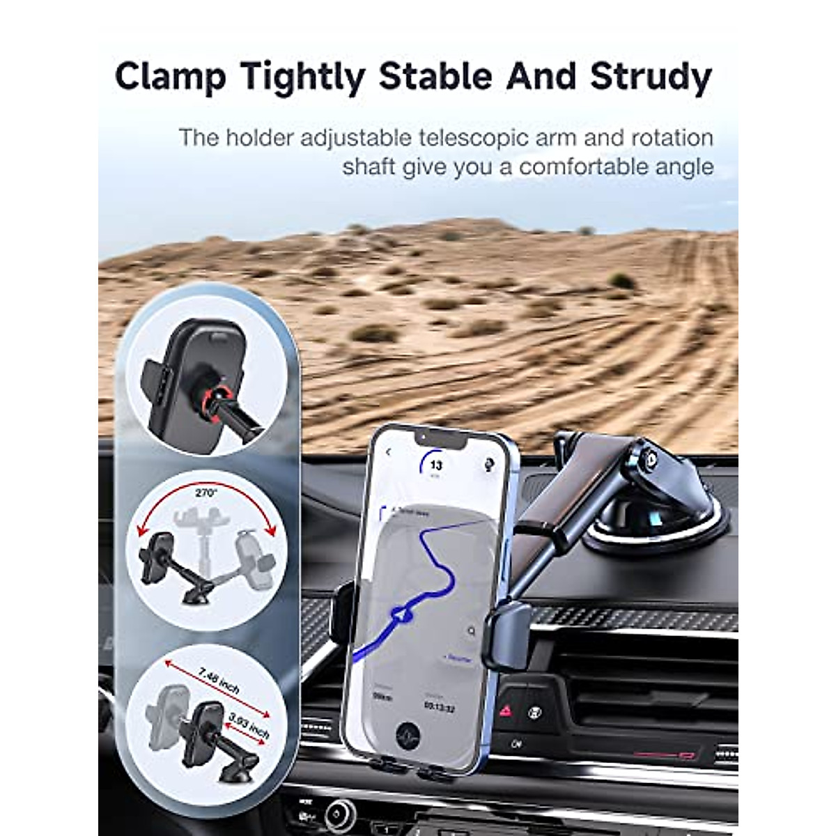 SMORFIT Phone-Mount-for-Car, Dashboard/Windshield/Window Universal Suction Cup Cell Phone/iPhone Holder with Sticky Pad for Car/Truck, Universal Mobile Phone Telescopic Arm Mount Handsfree Stand