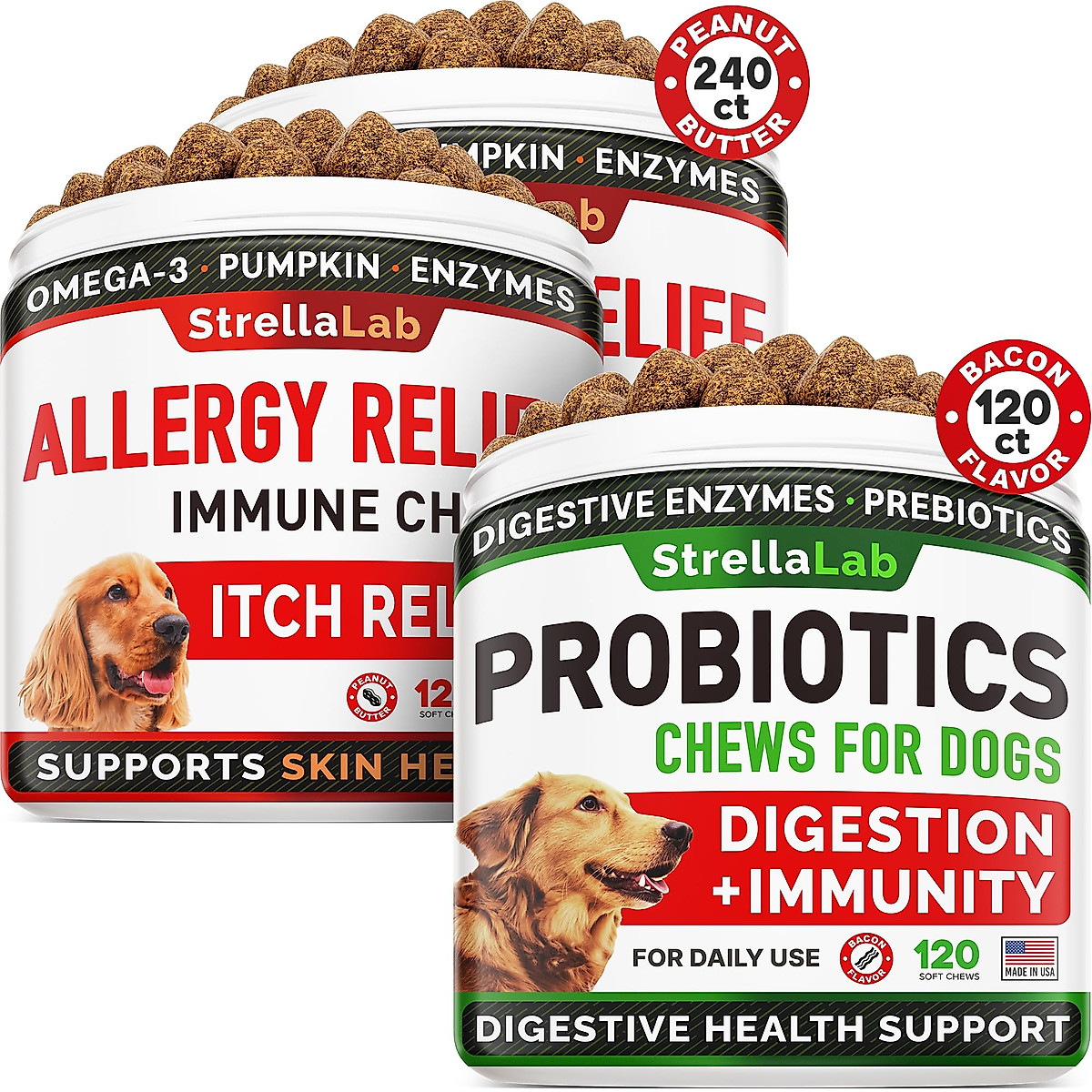 STRELLALAB Dog Allergy Relief 2 Packs 240 ct + Probiotics 120ct - Dog Itchy Skin Treatment - Omega 3 & Pumpkin + Prebiotics - Allergy Chews & Anti Itch Support Supplement + Gas, Upset Stomach Relief