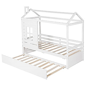 Merax Twin Size House Bed for Kids Wood House Bed Frame with Trundle and Window Storage Bed Frame for Kids Teens Adults