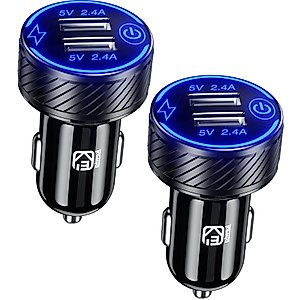 【2Pack】 USB Car Charger, Dual USB Port Car Charger Adapter, 5V/4.8A Charge Car Phone Charger with Blue LED & Touch Switch Fit for iPhone 13/12 Pro/Max/8, Galaxy S21/20/10/9 (Black)