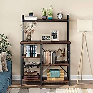 Tribesigns 35.5 inches Kitchen Baker’s Rack Microwave Oven Stand, Industrial Kitchen Cart Utility Storage Shelf Organizer Coffee Bar with Wire Basket and 6 Hooks (Rustic Brown)