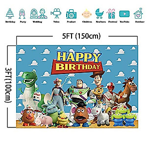 Toy Story Theme Happy Birthday Party Photography Backdrops Blue Sky White Clouds Indoor Banner 5x3ft Kids Birthday Party Photo Background Cake Table Decoration Supplies Studio Booth Props
