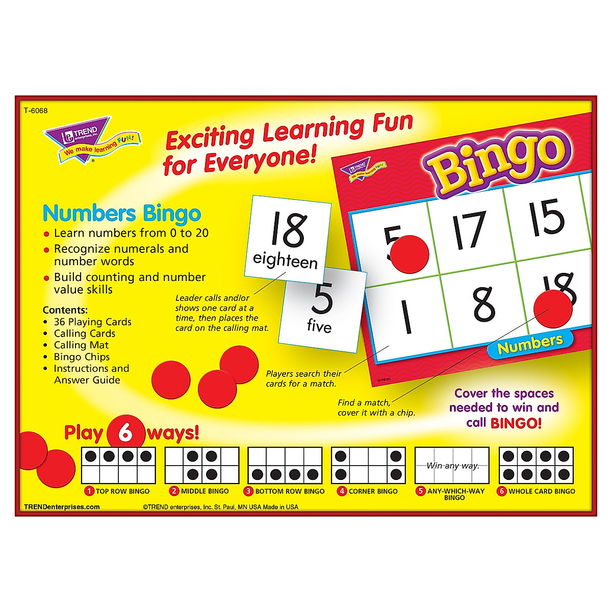 TREND ENTERPRISES: Numbers Bingo Game, Exciting Way for Everyone to Learn, Play 6 Different Ways, Perfect for Classrooms and At Home, 2 to 36 Players, For Ages 4 and Up