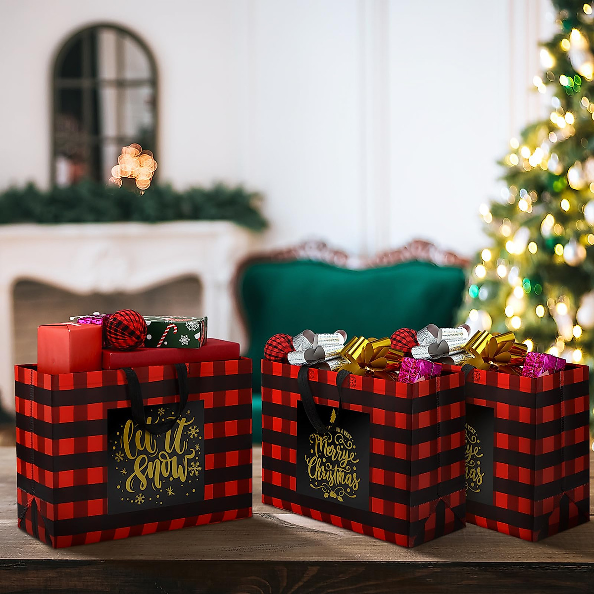 Clysee 36 Pcs Extra Large Christmas Gift Bags Reusable Tote Bags with Handles Non Woven Christmas Shopping Bags Waterproof Xmas Grocery Shopping Totes for Holiday Party 16.9 x 6.7 x 12.6 Inches