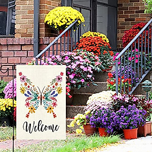 Welcome Spring Floral Garden Flag 12x18 Double Sided, Burlap Small Vertical Spring Butterfly Flower Garden Yard Flags for Seasonal Outside Outdoor House Decoration (Only Flag)
