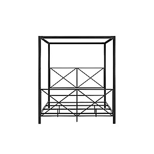 DHP Rosedale Metal Canopy Bed Frame with Four Poster Design and Geometric Accented Headboard and Footboard, Underbed Storage Space, Queen, Black