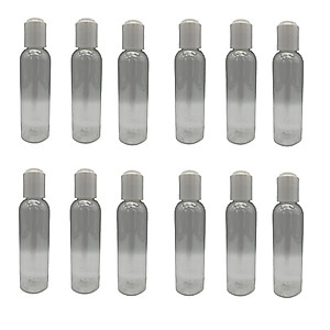 Natural Farms 4 oz Clear Cosmo Plastic Bottles -12 Pack Empty Bottle Refillable - BPA Free - Essential Oils - Aromatherapy | White Press Down Disc Cap - Made in the USA