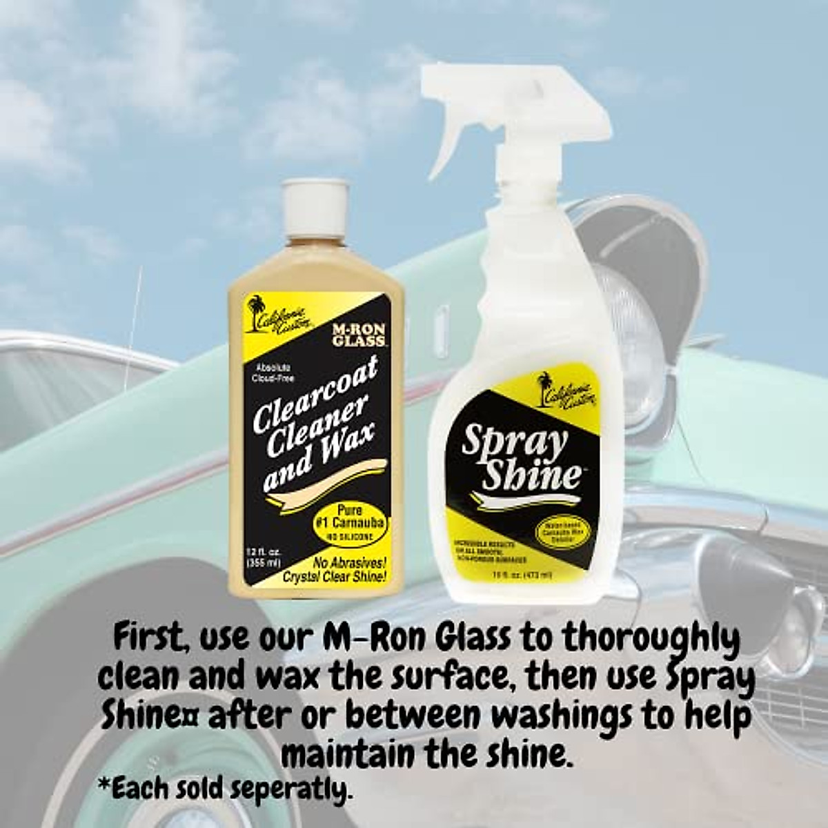 CALIFORNIA CUSTOM Products - M-Ron Glass Clearcoat Cleaner & Wax with Finest Pure #1 Carnauba Wax That Seals and Protects With A Crystal Clear Shine, No Silicone, Body Shop Safe, Can Be Applied In Direct Sun Light! (12 oz Bottle)