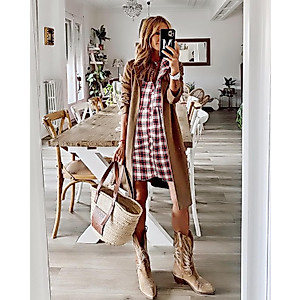 FANCYINN Women's Gingham Stand Collar Shirt Dress Button Up Casual Round Up Long Sleeve Mini Plaid Shirt Dresses Christmas Red and Black S