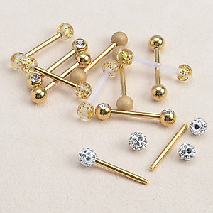 CrazyPiercing 12Pcs Stainless Steel Tongue Ring Barbell Retainer Body Piercing Jewelry 14G (Gold Pack)