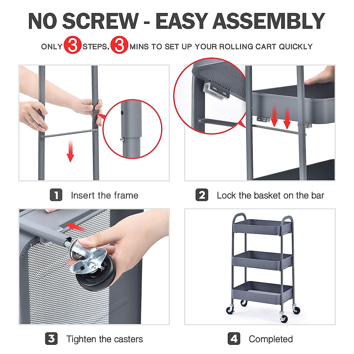 TOOLF 3 Tier Rolling Cart, Metal Utility Cart No Screw, Easy Assemble Utility Serving Cart, Sturdy Storage Trolley with Handles & Lockable Wheels for Kitchen Garage Home Bedroom Bathroom, Grey