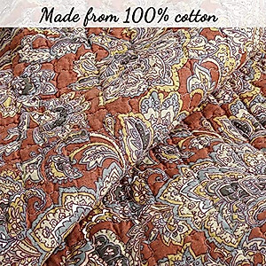 Cozy Line Home Fashions Red Orange Vintage Reversible 100% Cotton 3-Piece Quilt Bedding Set, Coverlet Bedspread (Lara Spice Paisley, King - 3 Piece)