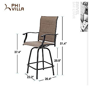 PHI VILLA Outdoor Swivel Bar Stool Set of 2 Patio Bar Chair Padded Textilene for Bistro Lawn All Weather Furniture Set, Brown