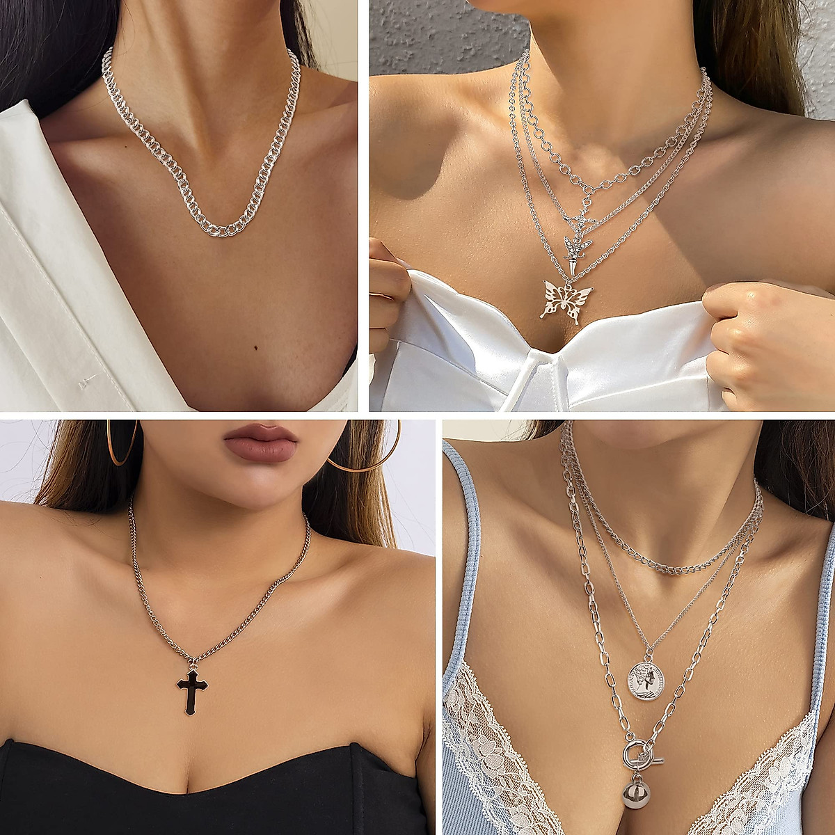 JOERICA 9 Pcs Chain Necklace Egirl Cool Goth Punk Layered Necklaces for Women Men Butterfly Heart Black Crystal Cross Pendant Choker Necklace Set Y2K Emo Jewelry