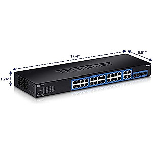TRENDnet 28-Port Gigabit Web Smart Switch, 24 x Gigabit Ports, 4 x Shared Gigabit Ports (RJ-45/SFP), VLAN, QoS, LACP, IPv6, 56Gbps Switching Capacity, Lifetime Protection, TEG-284WS,Black