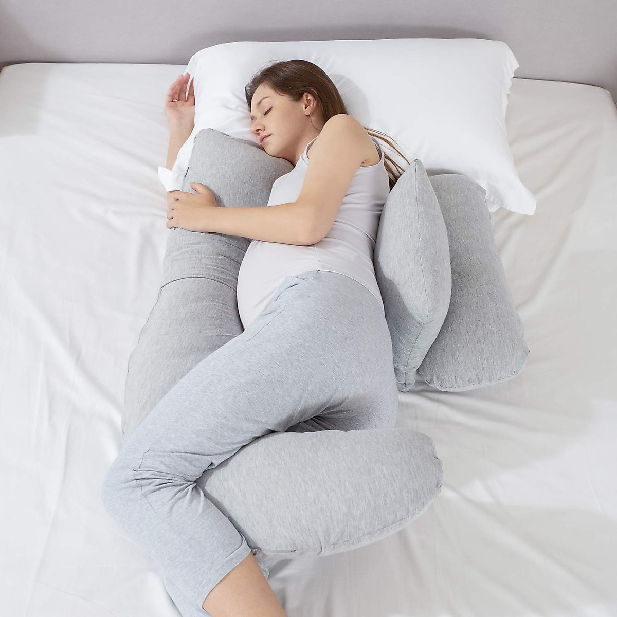 Bedsure Pregnancy Body Pillow,Maternity Pillow for Pregnant Women,H-Shaped Adjustable Pillow with Removable Washable Jersey Cover,Detachable Extension,Standard Size 51x27x7.8 Inches,Grey