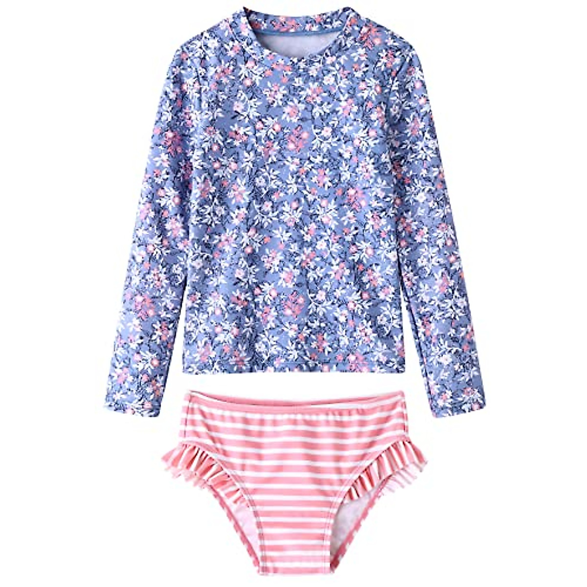 UMELOK Toddler Girls Rashguard Set Swimwear 2-Pieces Long Sleeve Bathing Suit Swimsuit Sets Light Purple/Pink, Floral/Stripe 5T