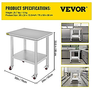 Mophorn Stainless Steel Work Table with Wheels 24 x 30 x 33.8 Inch Prep Table with 4 Casters Heavy Duty Work Table for Commercial Kitchen Restaurant Business