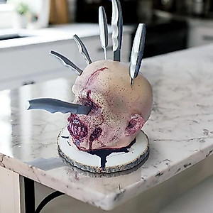 Halloween Knife Block, Quirky Counter Fruit Knife Holder, Creepy Bloody Skeleton Head Knife Storage Stand, Gothic Home Kitchen Decor, Horror Party Ornament Gag Gift for Halloween/Christmas/Birthday