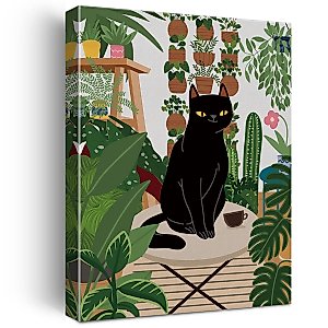 Black Cat and Plants Canvas Wall Art Poster Print, Modern Botanical Black Cat Painting Ready to Hang Home Office Living Room Decor Gift (11.5" x 15")
