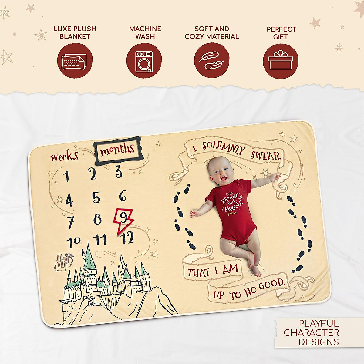 Harry Potter Newborn Baby Boys Bodysuit and Monthly Milestone Blanket 4 Piece Maroon/White 0-3 Months