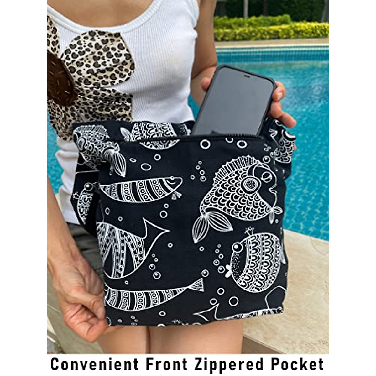 Fish Print Crossbody - Fully Lined with Front Zippered Pocket - Small Hobo Cotton Sling Messenger Bag - Black & White