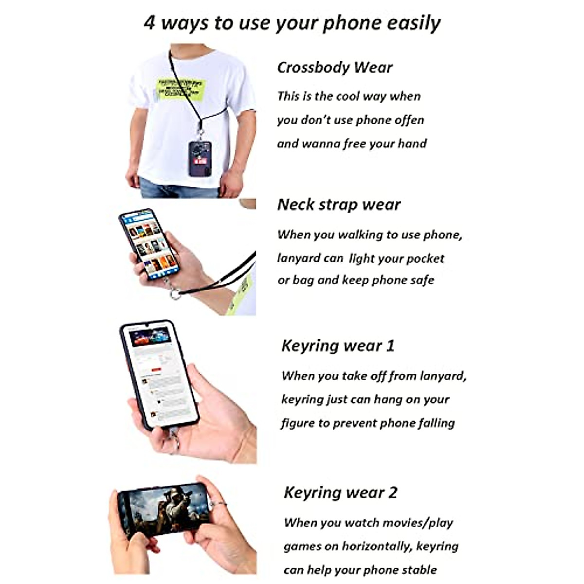 iFunLong Handmade Phone Lanyard with Patch Pads, Adjustable Crossbody Lanyard Tethers Badge Lanyard Compatible with Most Smartphones (Black)