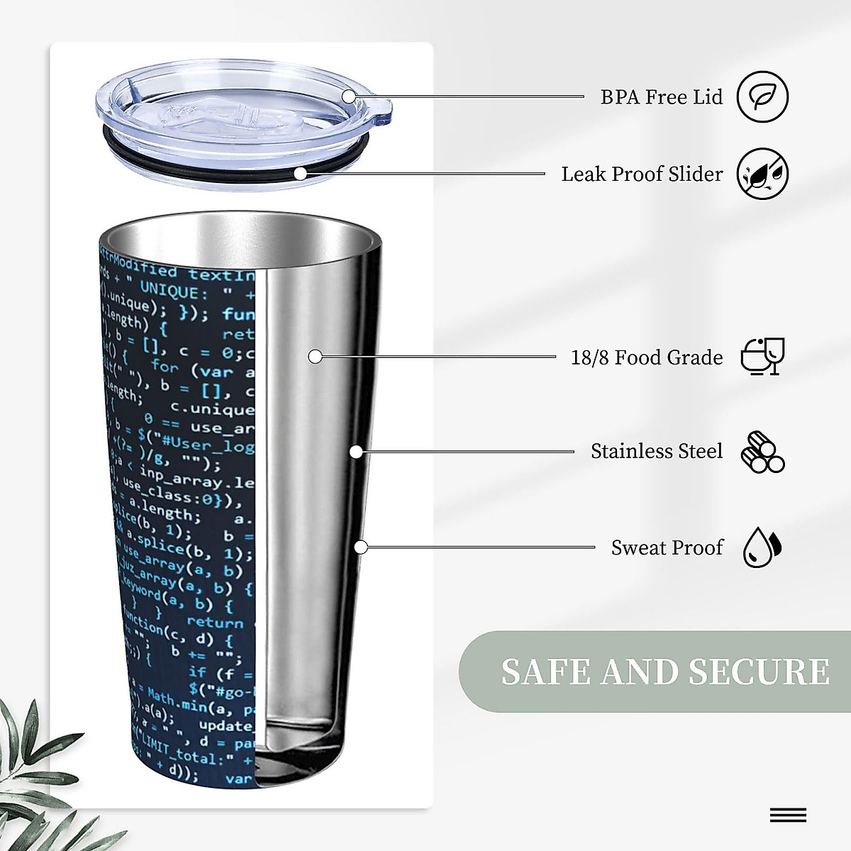 20oz Insulated Tumblers with Lids and Straws Cool Coding Code Stainless Steel Coffee Tumbler Cup Double Wall Vacuum Travel Coffee Mugs for Home, Office, Outdoor