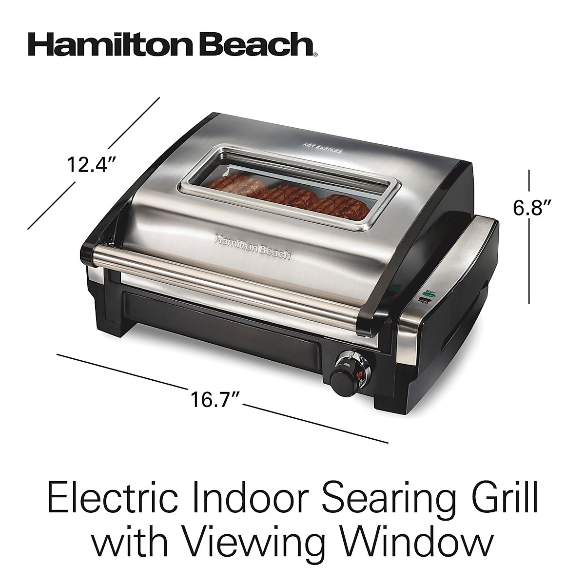 Hamilton Beach Electric Indoor Searing Grill with Adjustable Temperature Control to 450F, 118 sq. in. Surface Serves 6, Removable Nonstick Grate, Viewing Window, Stainless Steel
