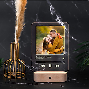 SHO VAVAS Personalized Acrylic Plaque with Wood Base, Playlist Picture Frame with LED Light, Custom Music Plaque with Photo, Christmas, Birthday Gift for Couple, Romantic Gifts for Her Him (Music Version 1)