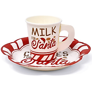 Gift Boutique 24 Disposable Xmas Santa Milk & Cookies Cup & Saucers Set 7 Oz Paper Mug with Handle 7" Scallop Shaped Saucer Plate for Tea Hot Cocoa Chocolate Coffee Mugs Holiday Xmas Dinner Supply