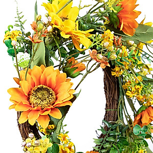 20 Inch Welcome Wreath for Front Door, Artificial Sunflower Garland Wreath Frame Welcome Sign with 8 Flowers and 8 Buds for Home Porch Garden Farmhouse Festival Decorations