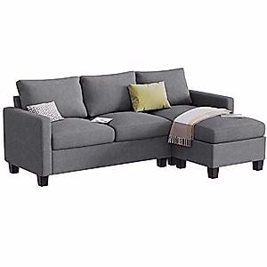 YESHOMY Convertible Sectional, Modern Linen Fabric L-Shaped Couch 3-Seat Sofa, Dark Gray