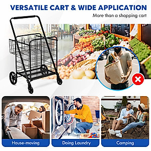 COSTWAY Folding Shopping Cart, Extra Jumbo Double Basket Grocery Cart with 360° Swivel Rolling Bearing Wheels, Dense Metal Mesh Base, Large Capacity Utility Cart for Market, Grocery, Laundry (Black)