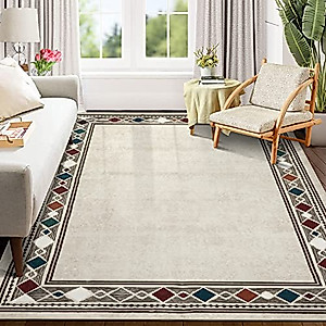 ROYHOME Washable Area Rug for Living Room Contemporary Bordered Floorcover Indoor Carpet Contemporary Geometric Bordered Accent Area Rugs for Bedroom, Home Office, Beige, 5 x 7 Feet