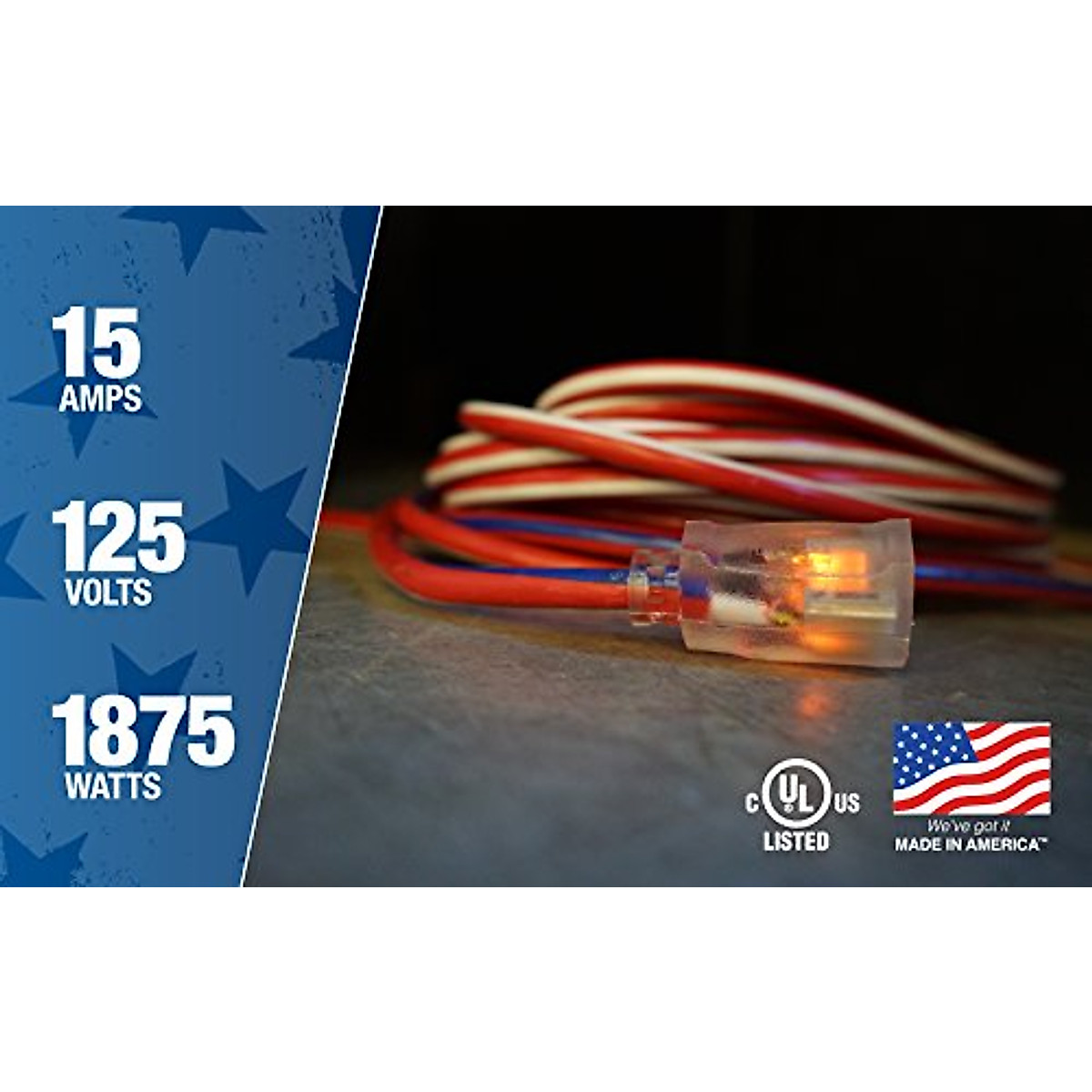 Southwire 2549SWUSA1 100-Feet; Contractor Grade; 12/3 Extension Cord; With Lighted End; Red White And Blue; American Made Extension Cord; Indoor and Outdoor Use; Water Resistant Flexible Jacket