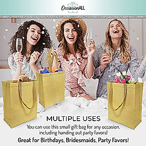 Gold Gift Bags - 12 Pack Large Gold Reusable Gift Bag Tote with Handles, Glitter Metallic Bling Shimmer, Eco Friendly for Birthday Parties, Bridesmaids, Party Favors, Grocery Shopping - 10x5x13