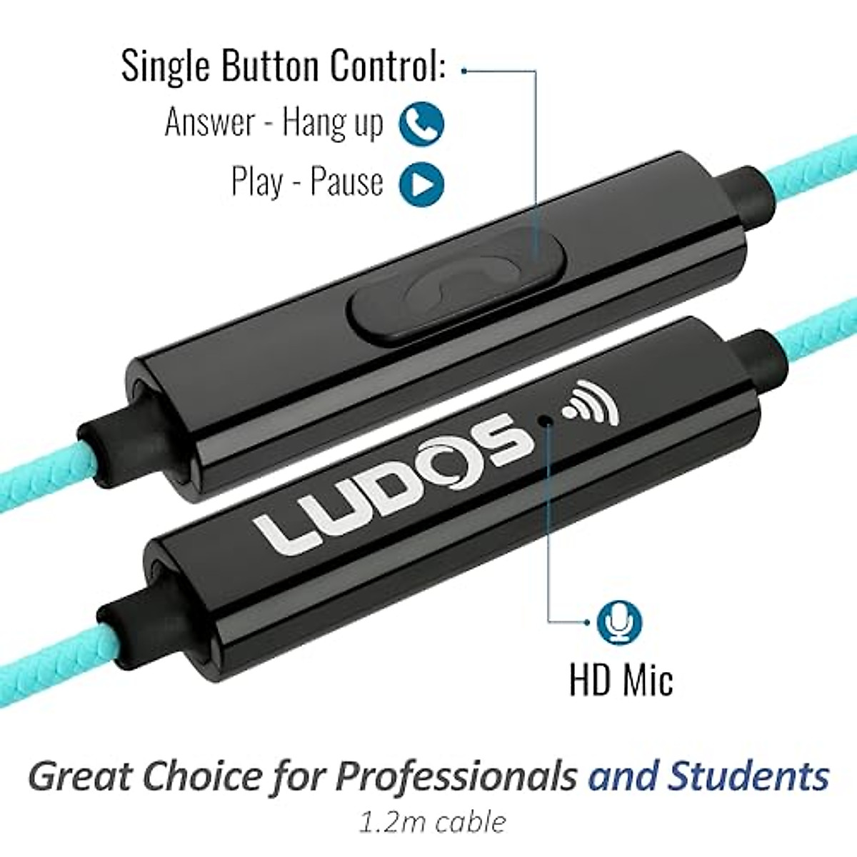 LUDOS Clamor Wired Earbuds in-Ear Headphones, 5 Years Warranty, Earphones with Mic, Noise Isolating Ear Buds, Memory Foam for iPhone, Samsung, School Students, Kids, Women, Small Ears - Turquoise