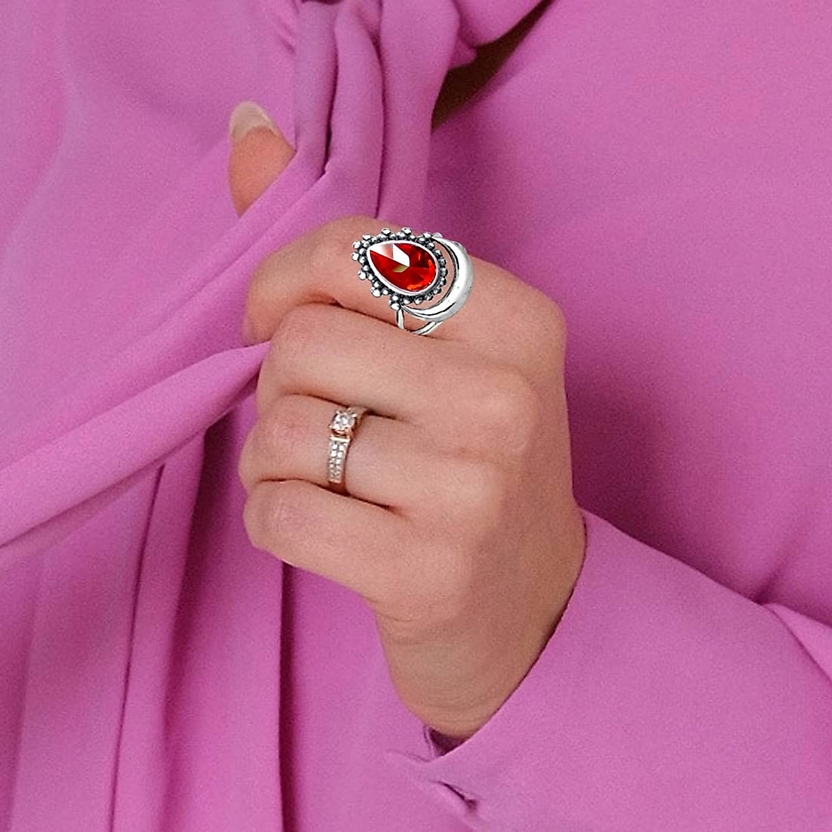 DALEGEM Crescent Moon Topaz Ring for Women,S925 Sterling Silver Pyramid Waterdrop Shaped Crystal Birthstone Gemstone Boho Ring Jewelry (Ring_Red, 6)