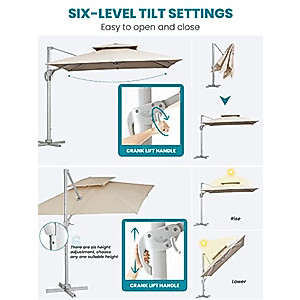 JEAREY 11FT All-Aluminum Cantilever Patio Umbrella Deluxe Large Outdoor Square Umbrella Double Top Offset Hanging Umbrella Heavy Duty Pool Umbrella with Brand Crank & 6 Gears Lift System for Deck Yard Patio Garden Lawn Market, Beige