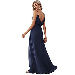 Ever-Pretty Women's V-Neck Sleeveless Front Ruched Maxi A-Line Wedding Guest Dresses Navy Blue US16