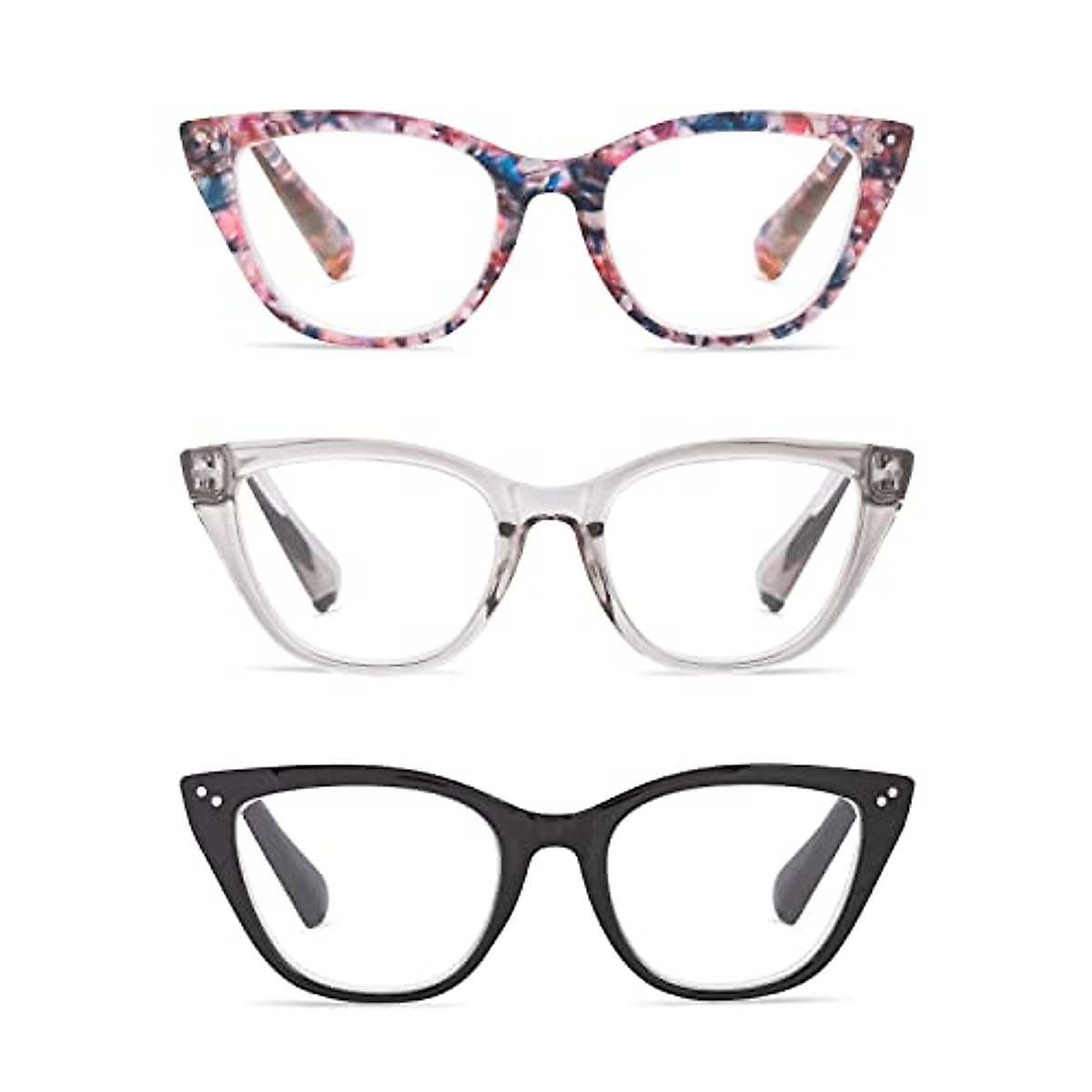 Rae Dunn "BELLA Premium Reading Glasses - 3 Pack w/SEE Signature Font (Pearl Multi/Crystal Cool Grey/Glossy Jet Black, 2.0)