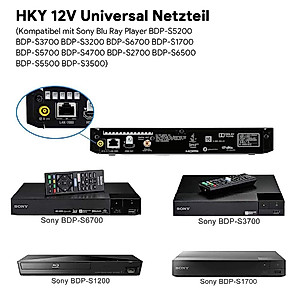 HKY 12V AC Adapter Compatible with Sony Blu Ray Player BDP-S5200 BDP-S3700 BDP-S3200 BDP-S6700 BDP-S1700 BDP-S5700 BDP-S4700 BDP-S2700 BDP-S6500 BDP-S5500 BDP-S3500 Power Cord Charger AC-M1208UC